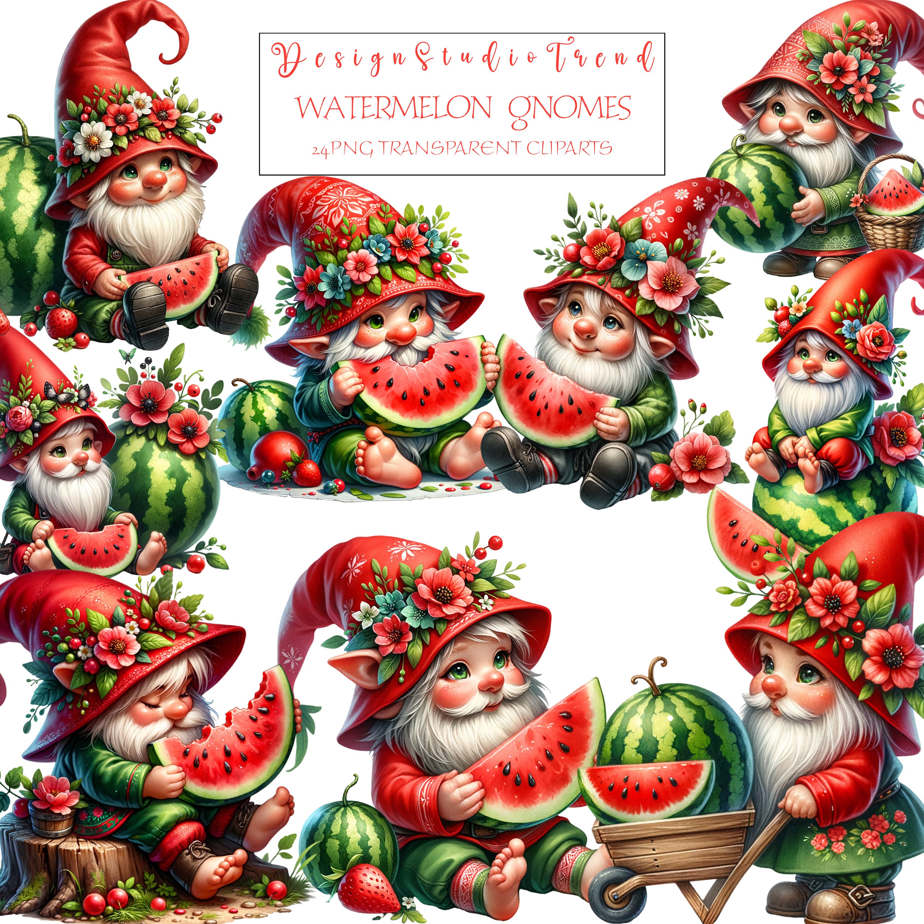 Watermelon Gnomes Fantasy Clipart 24 Pcs Magical Garden Decor Digital ...