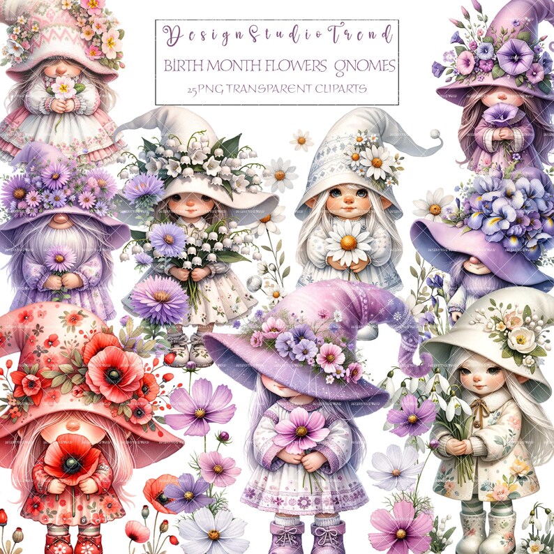 Enchanted Birth Month Flowers Gnome Clipart - 25 Pcs Magical Female ...