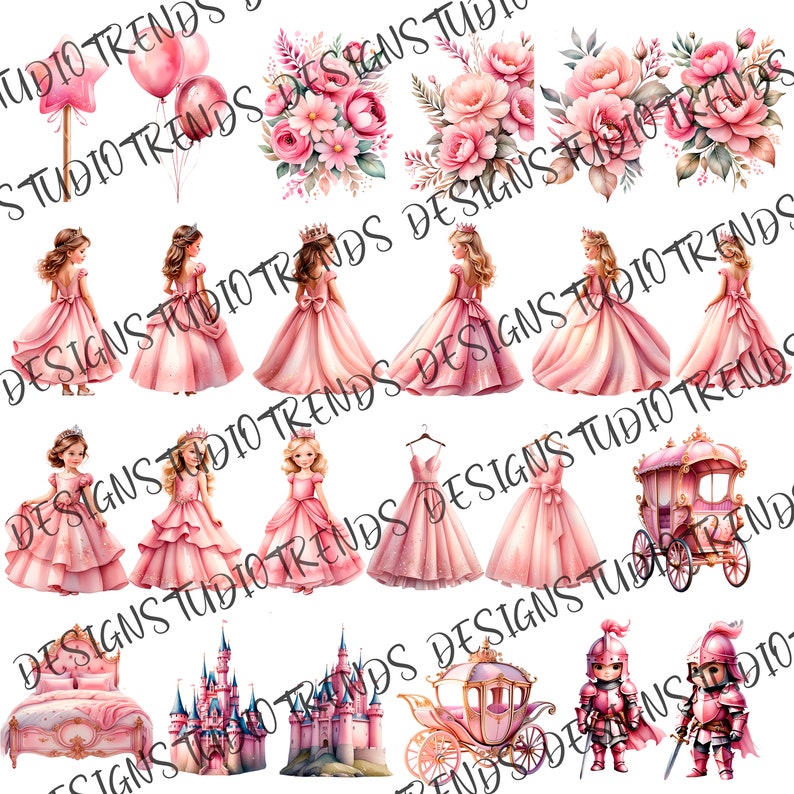 Pink Princess Clipart Collection Watercolor Princess and Castle PNG ...