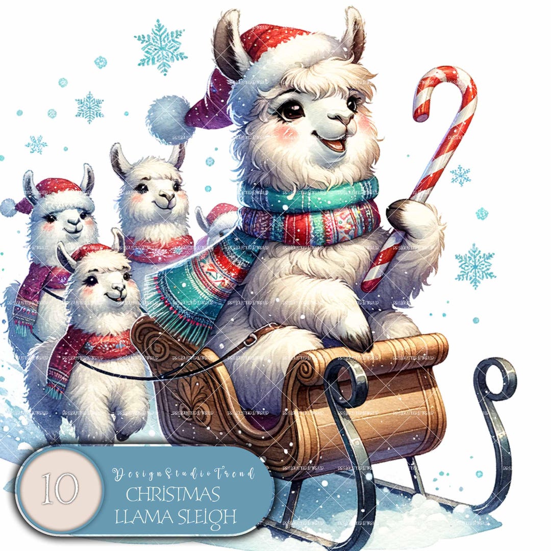 Christmas Llama Sleigh Clipart: 10 Winter Animals PNG (commercial Use ...
