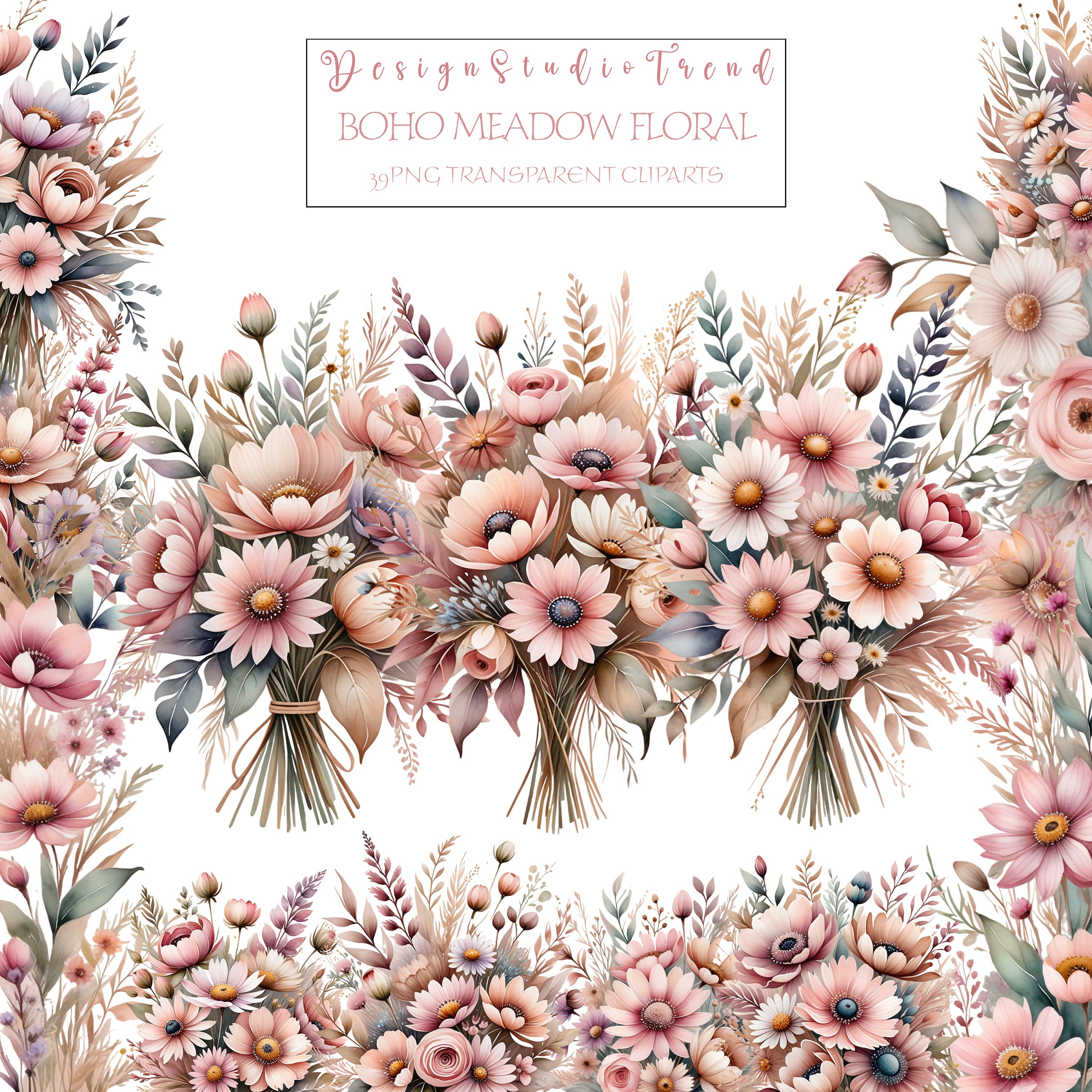 Bohemian Floral Clipart Bundle Watercolor Flower Blooms, Pampas, and ...