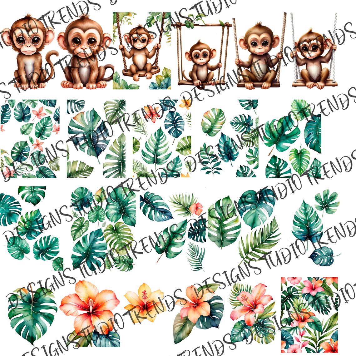 Adorable Jungle Baby Animals Clipart Set 82 Pcs Watercolor Safari ...