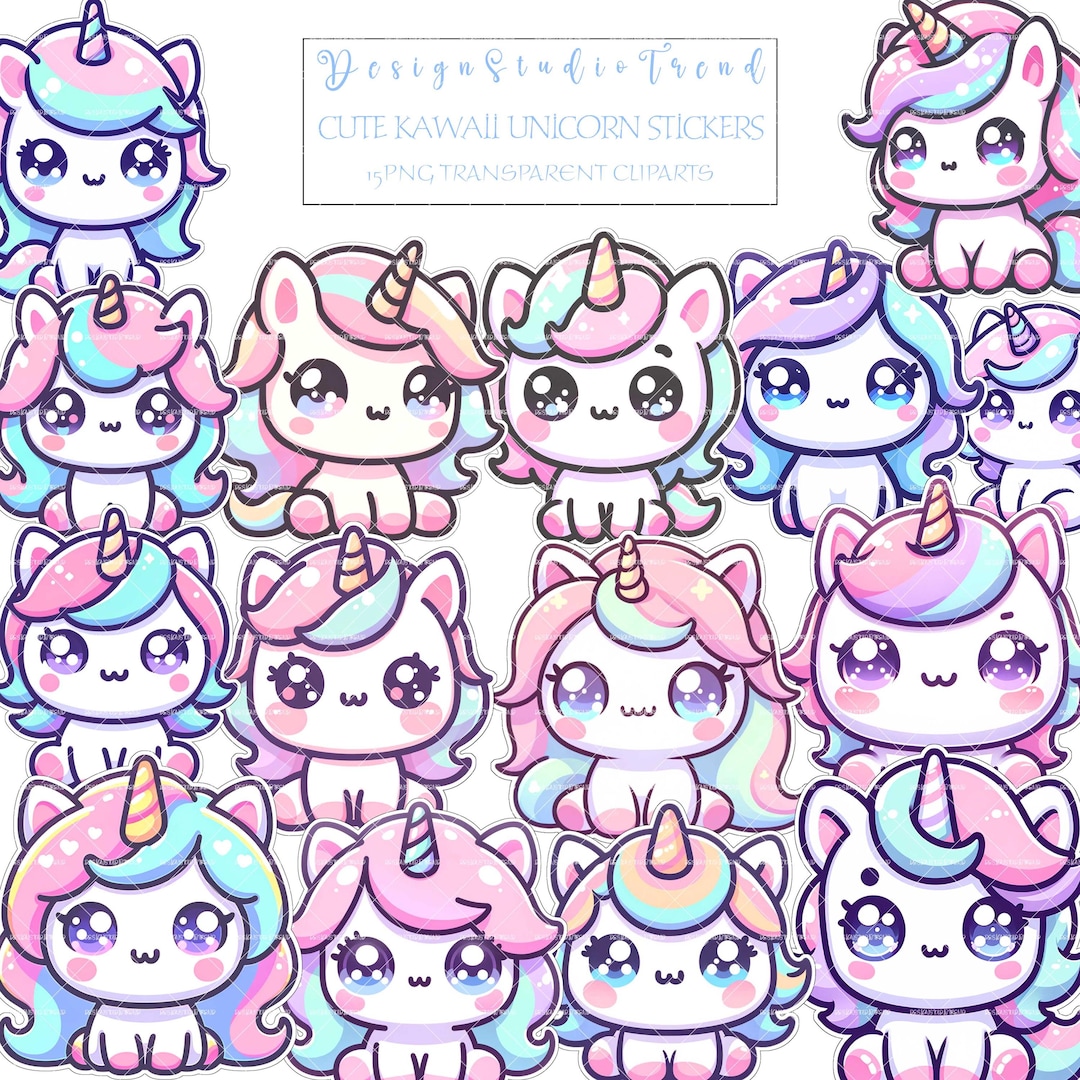 Whimsical Kawaii Unicorn Clipart Stickers - 15 Adorable Fantasy Horse ...