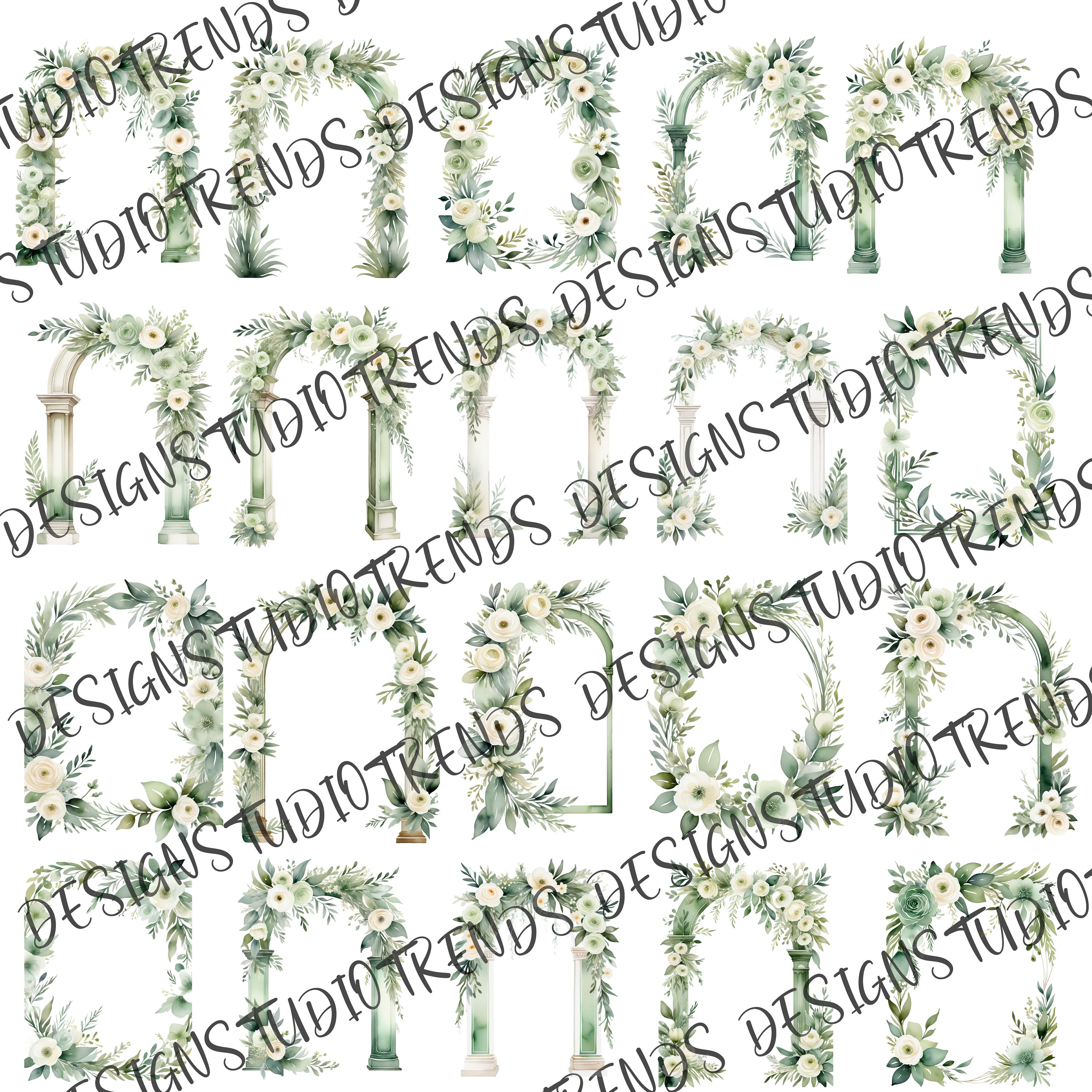 Stunning Watercolor Sage Green Rose Arches and Borders Wedding Clipart ...