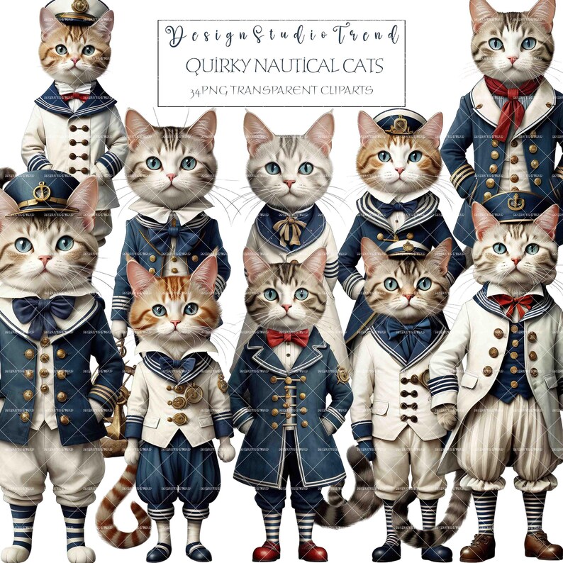 Nautical Cat Clipart: 34 Transparent Paper Doll Pngs (commercial Use ...