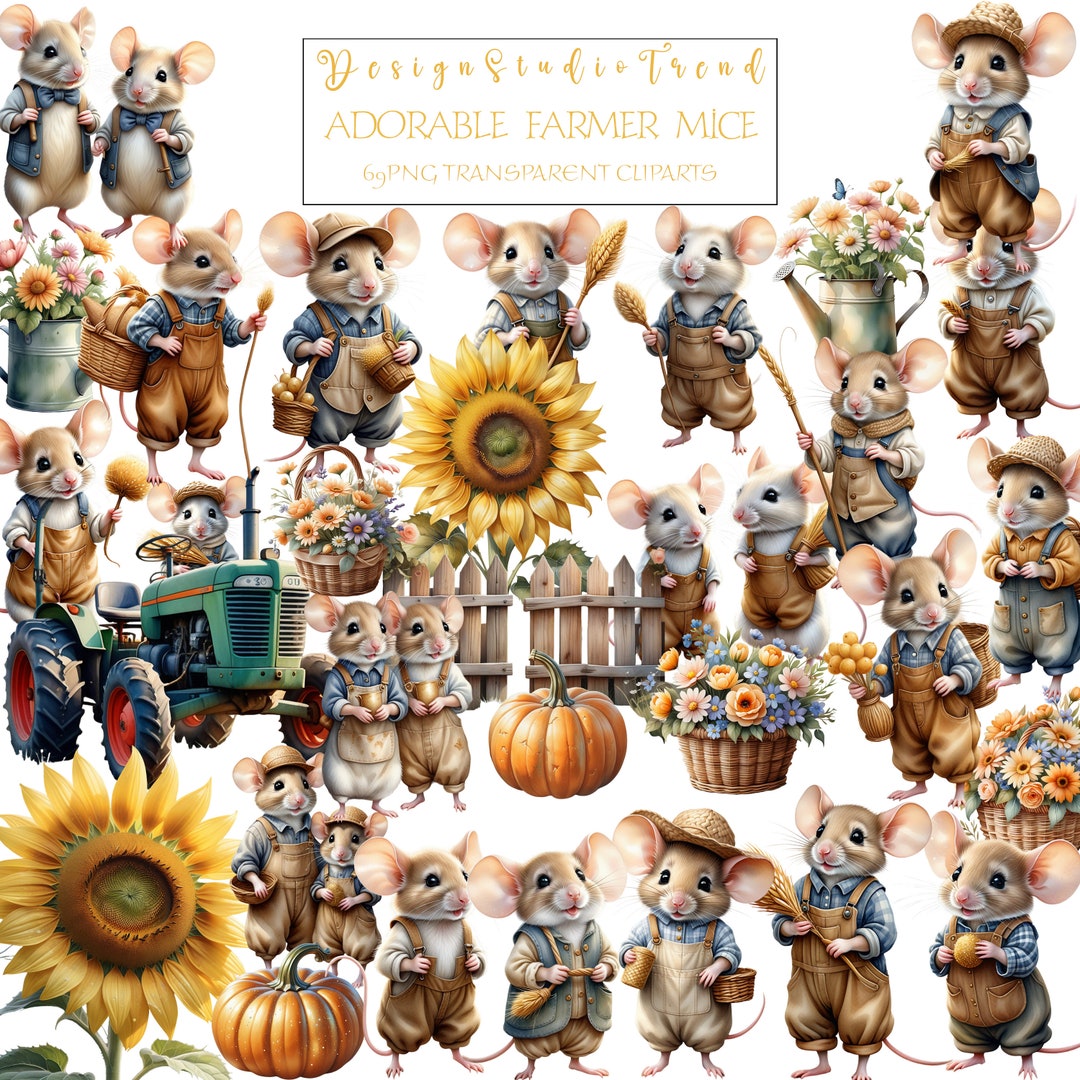 Vibrant Watercolor Farmer Mouse Clipart Set 69 Transparent Pngs ...