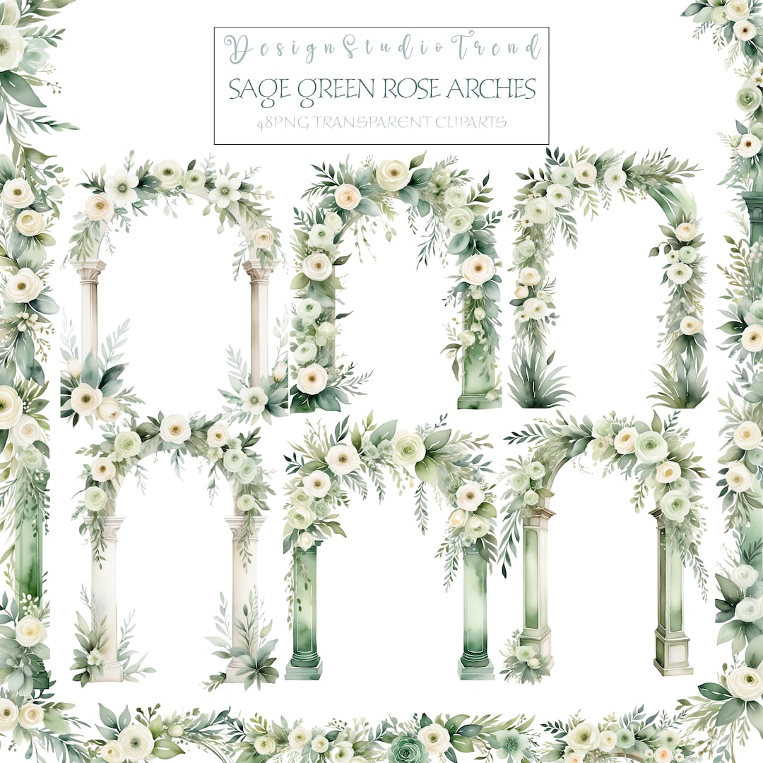 Stunning Watercolor Sage Green Rose Arches and Borders Wedding Clipart ...
