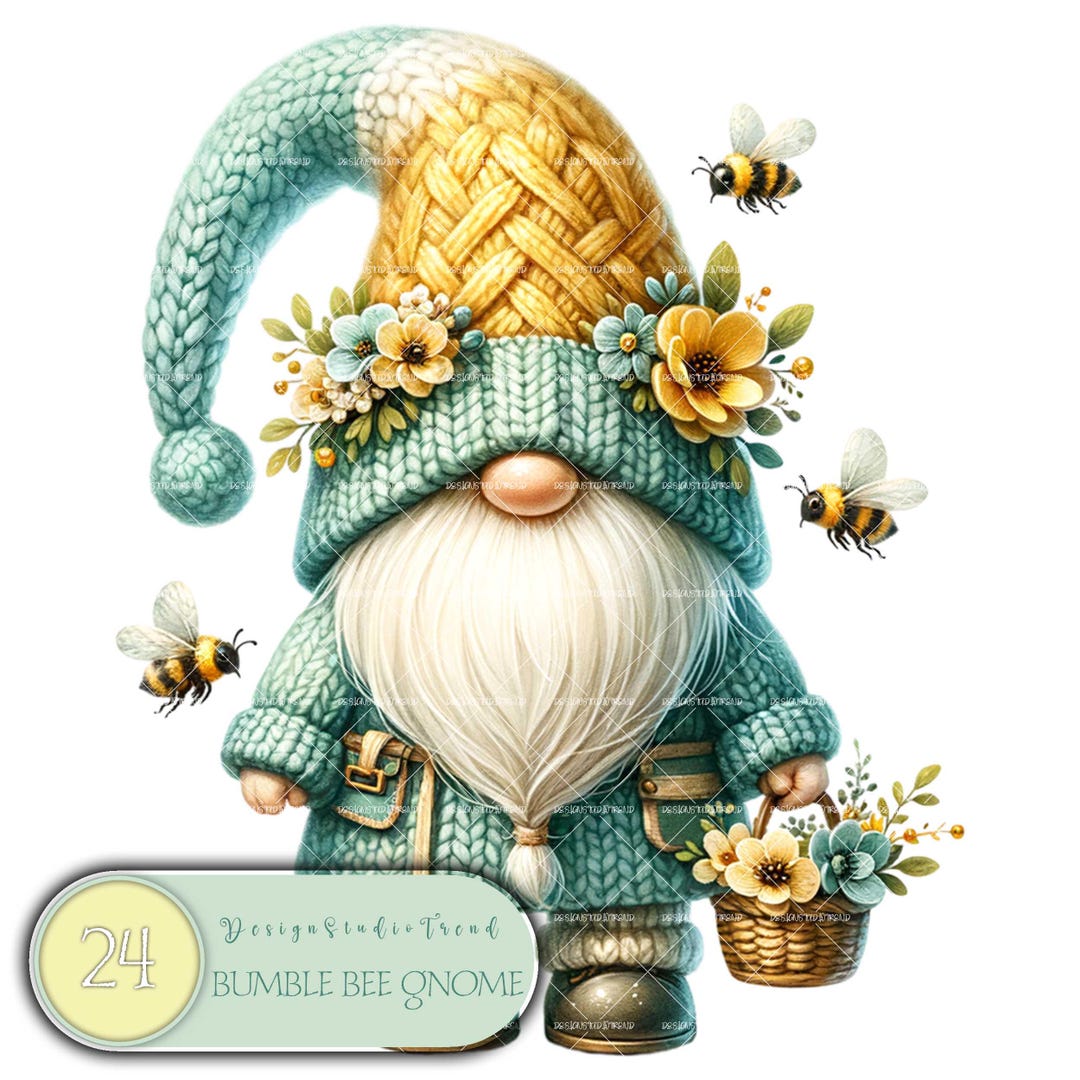 Floral Bumble Bee Gnome Watercolor Clipart: Spring PNG Bundle ...