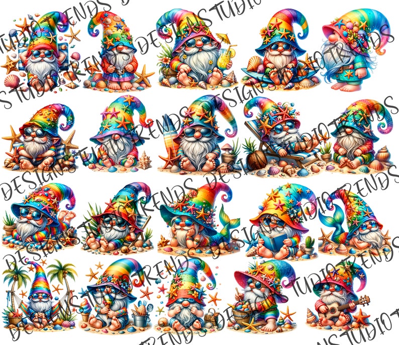 Coastal Summer Gnome Watercolor Clipart Bundle 24 Pcs Whimsical Nature ...