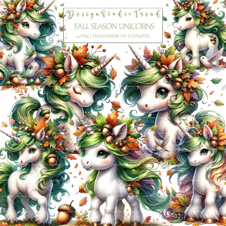 Fall Season Baby Unicorn Clipart 10 PNG Pastel Magical Unicorns Cute ...
