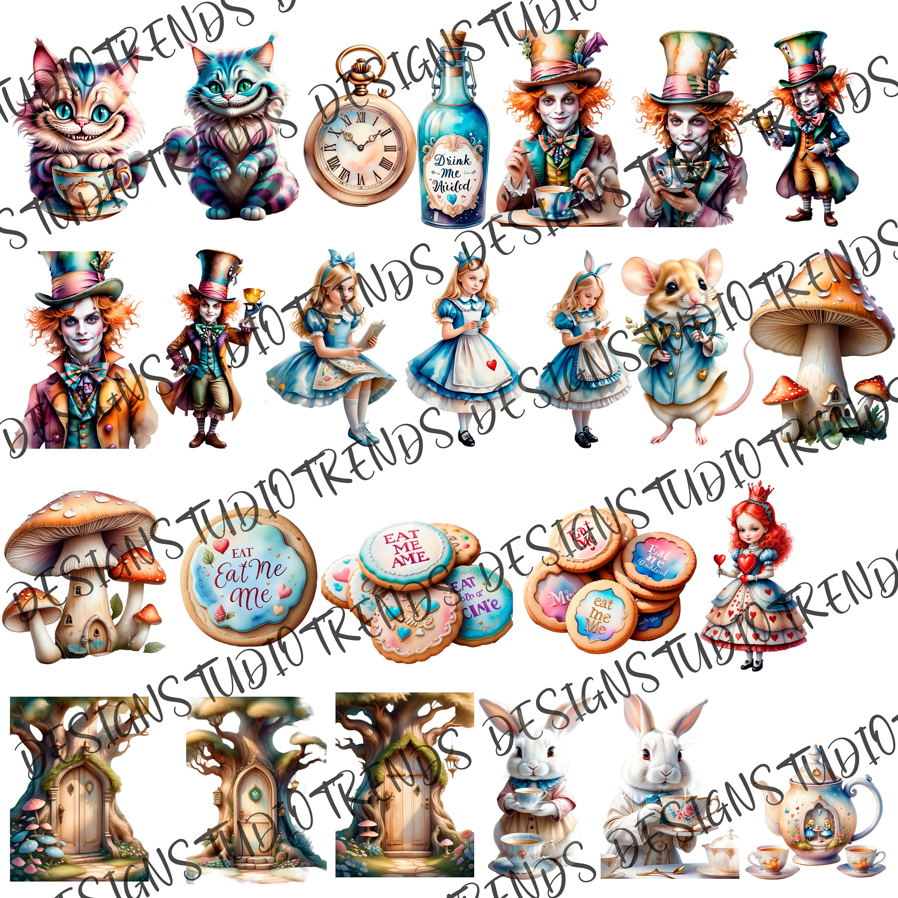 Alice in Wonderland Clipart: 72 Watercolor PNG Images (commercial Use ...