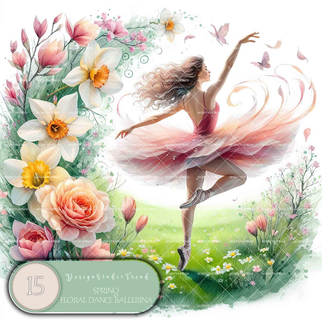 Spring Floral Dance Ballerina Clipart – 15 Whimsical Flower Watercolor ...