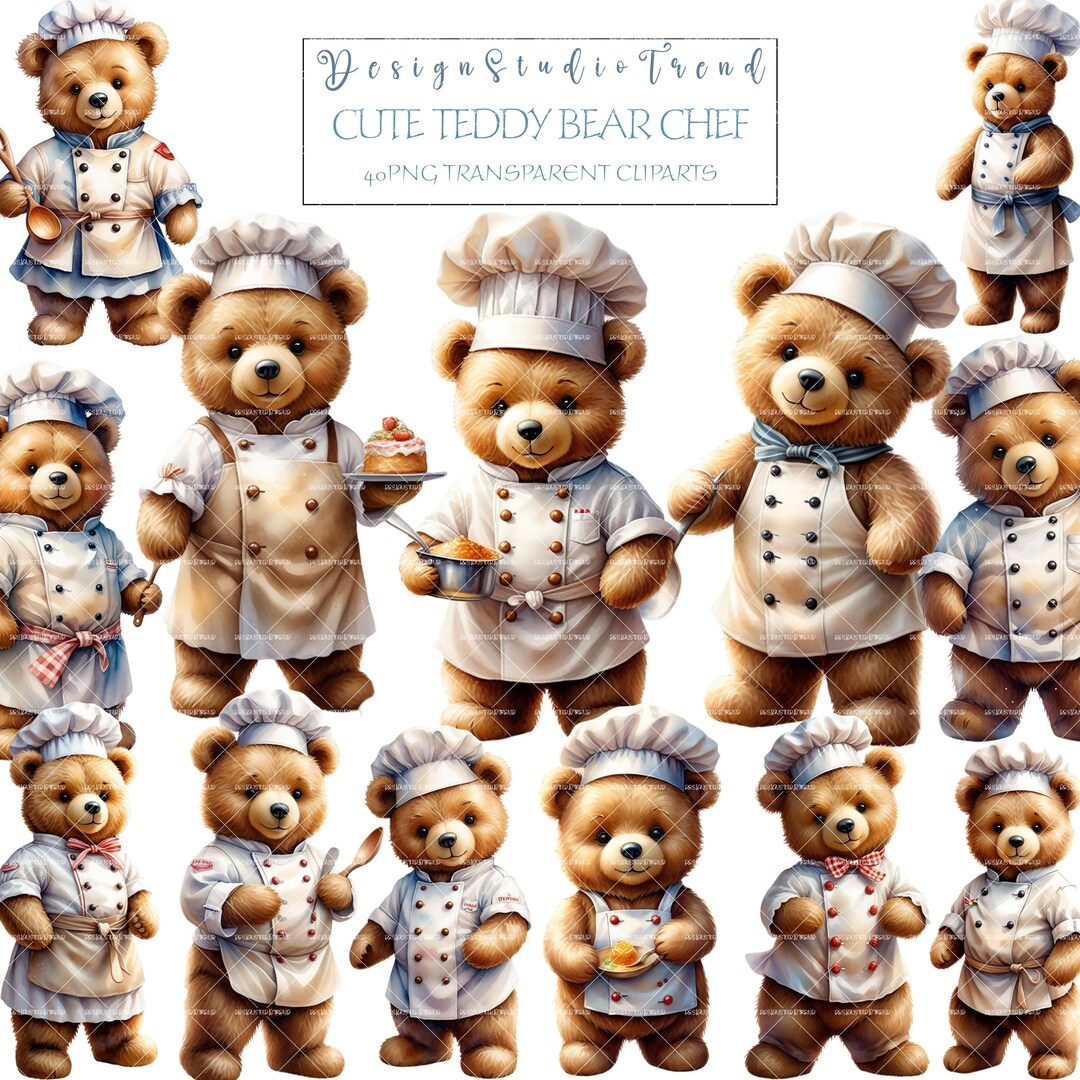 Teddy Bear Chef Clipart Bundle: 40 PNG Files, Commercial Use (digital ...