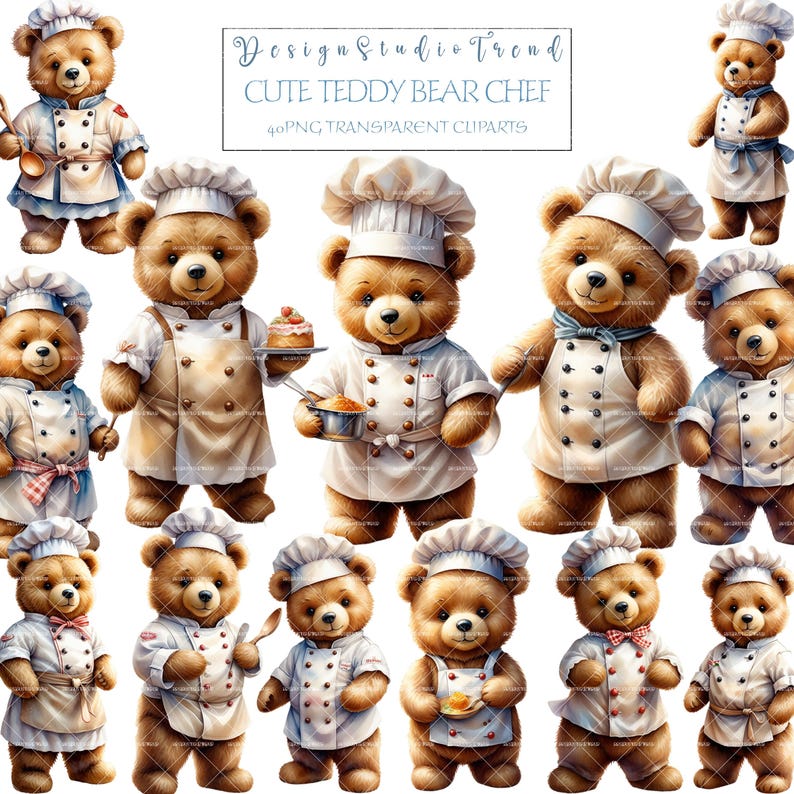 Teddy Bear Chef Nursery Clipart Bundle - 40pcs Cute PNG Files for Junk ...