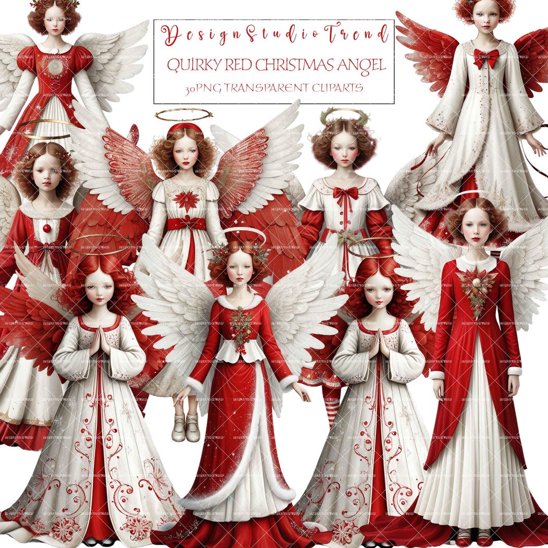 Whimsical Red Christmas Angel Clipart Kit - 30 Pcs Printable Set for ...