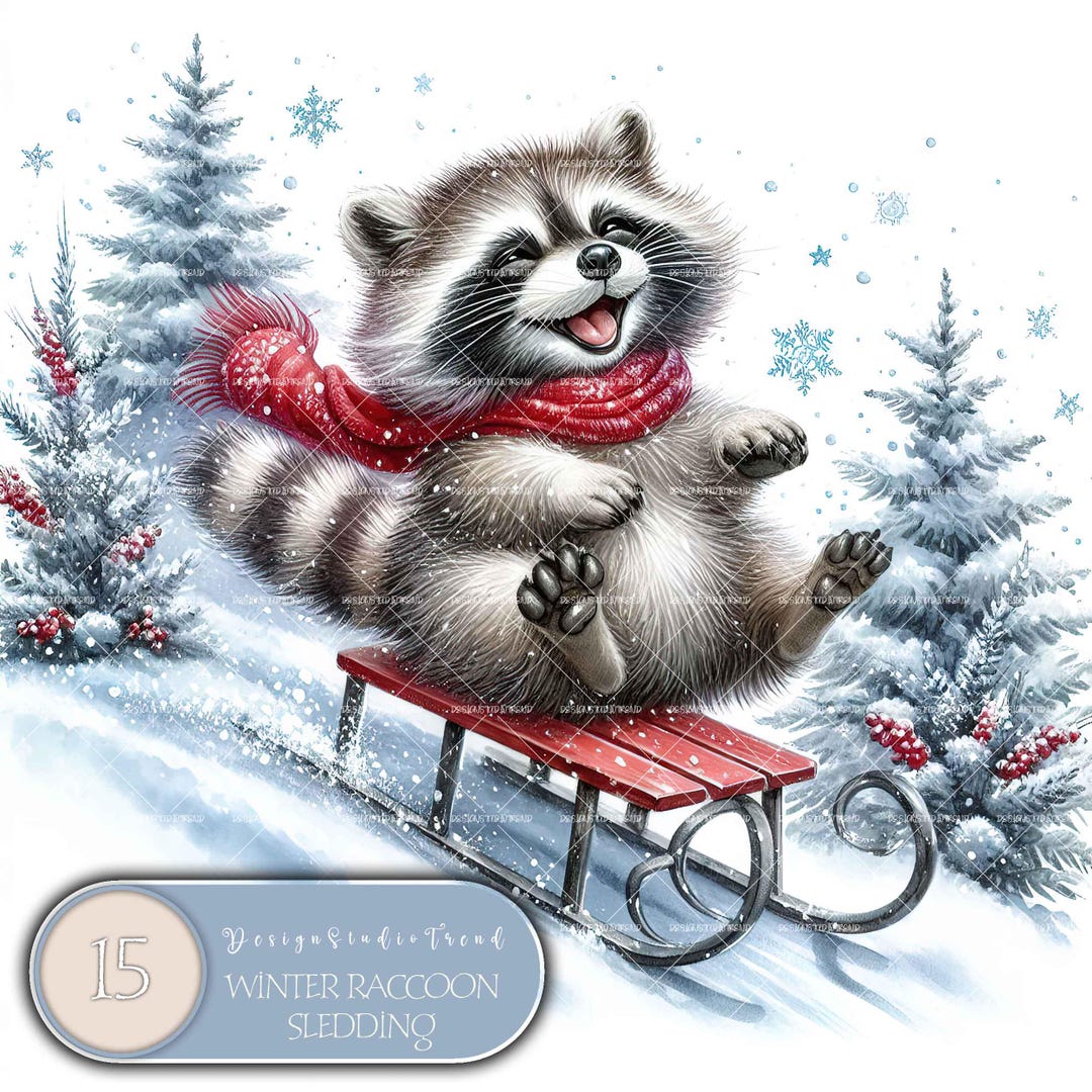 Magical Winter Raccoon Sledding Clipart - 15 Whimsical Designs for ...