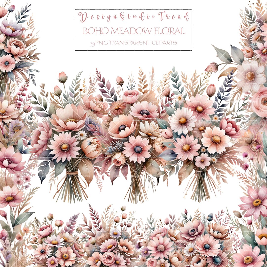 Bohemian Floral Clipart Bundle: Watercolor Flower Blooms (commercial ...