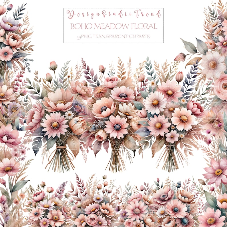 Bohemian Floral Clipart Bundle Watercolor Flower Blooms, Pampas, and ...