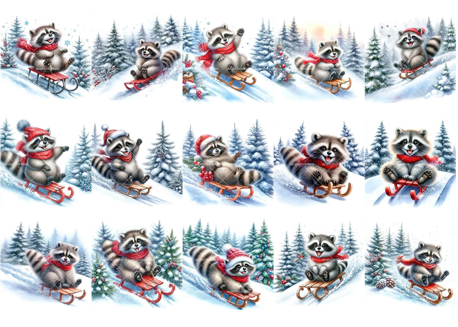 Magical Winter Raccoon Sledding Clipart 15 Whimsical Designs for ...