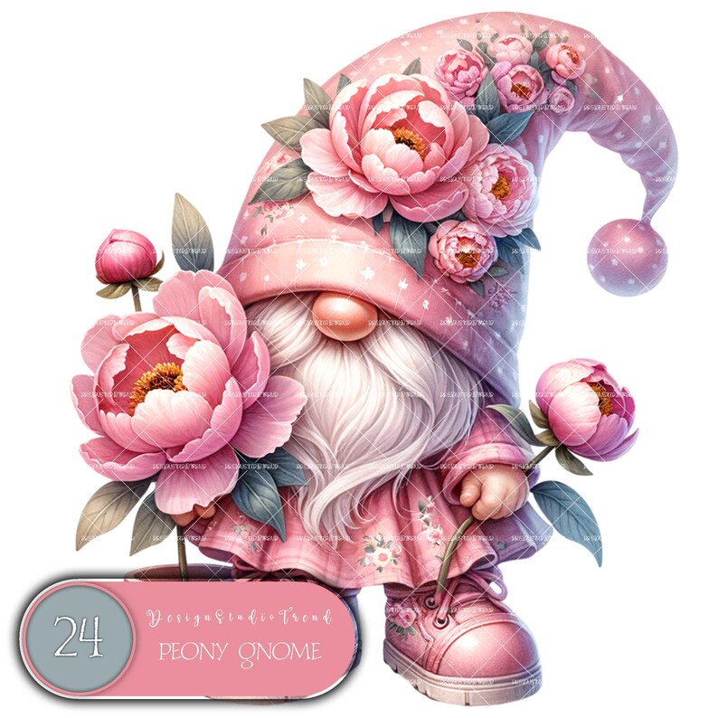 Enchanted Peony Gnome Clipart Bundle - 24pcs Whimsical Gnomes With ...