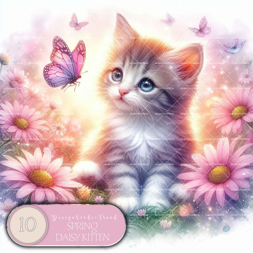 Daisy Kitten Clipart: Spring Animal Designs, Nursery Decor (PNG Digital ...