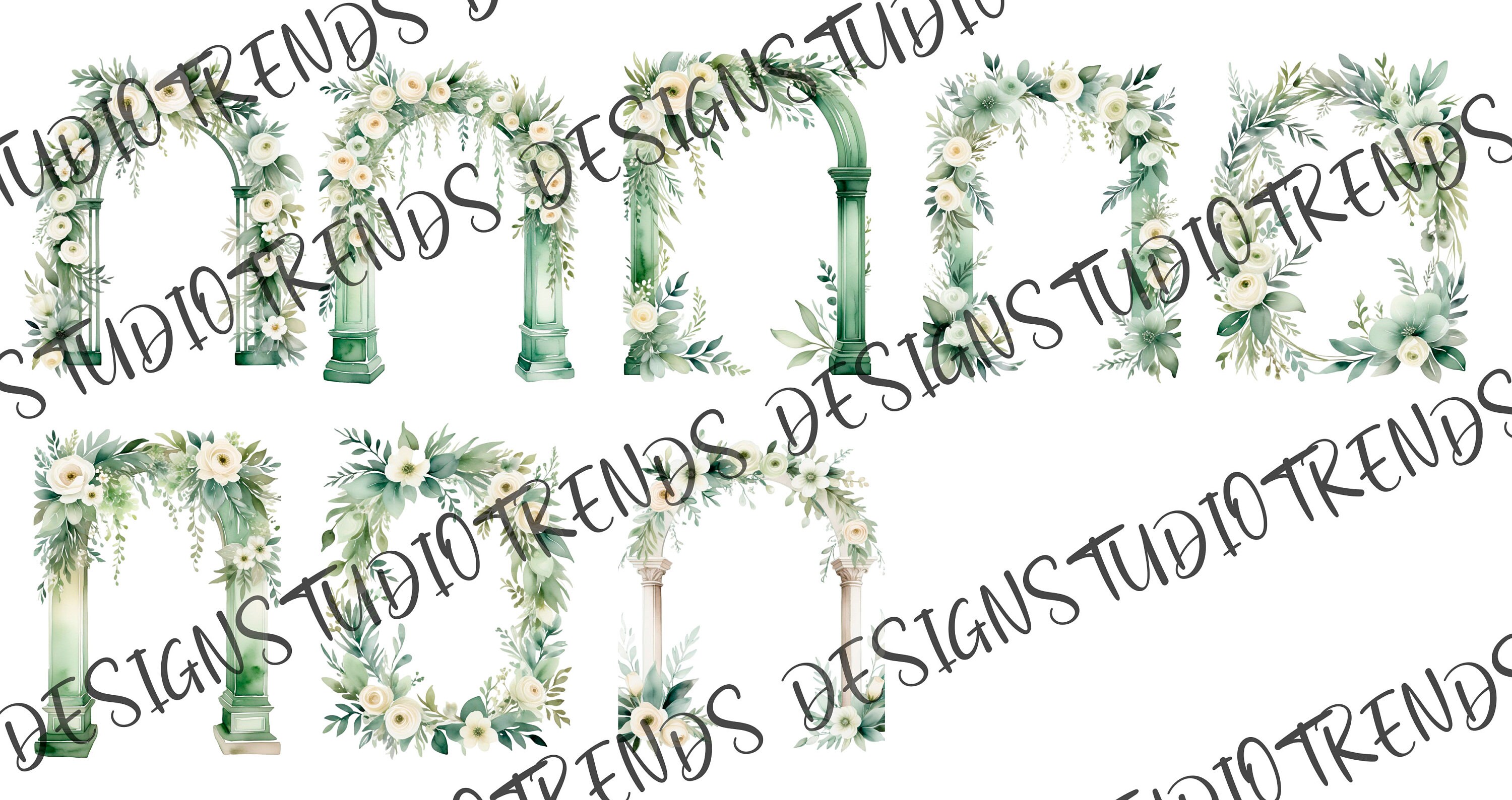 Stunning Watercolor Sage Green Rose Arches and Borders Wedding Clipart ...