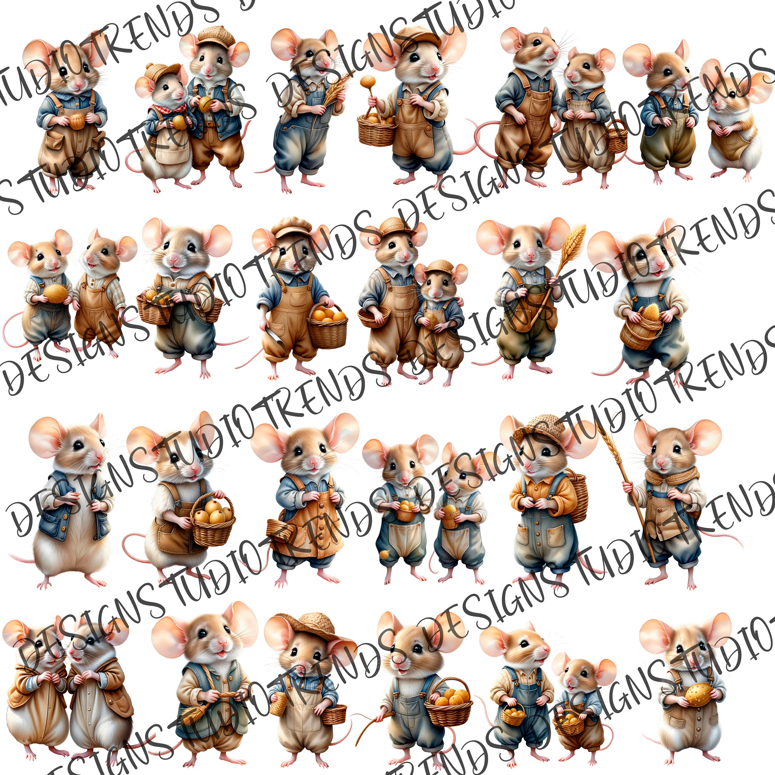 Vibrant Watercolor Farmer Mouse Clipart Set - 69 Transparent Pngs ...