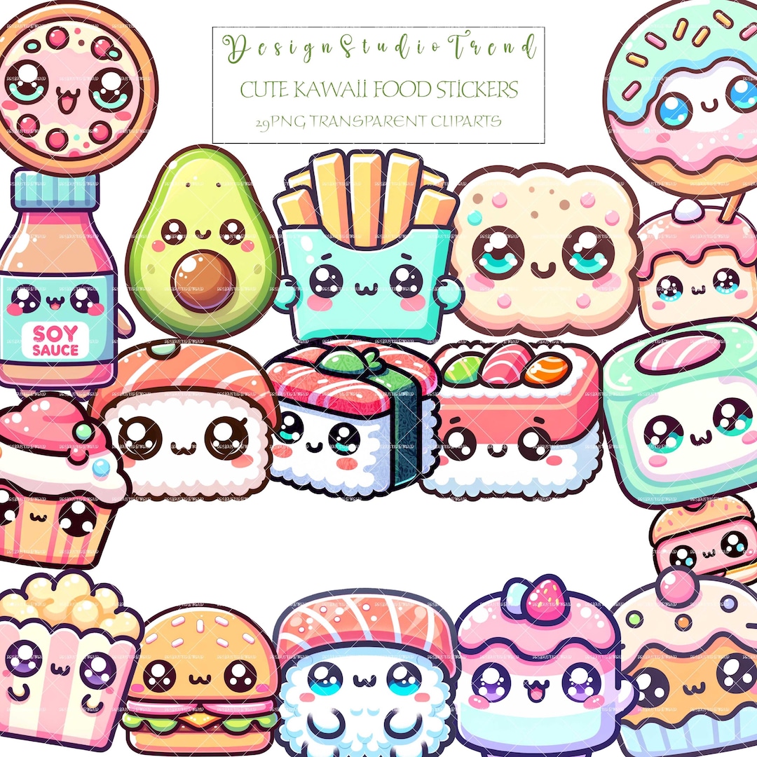 Cute Kawaii Food Clipart Set - 29 Pcs Adorable Cartoon Illustrations ...
