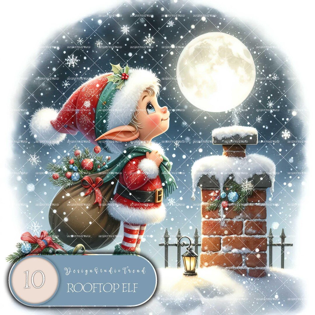 Christmas Elf Rooftop Scene: Whimsical Holiday Digital Print ...