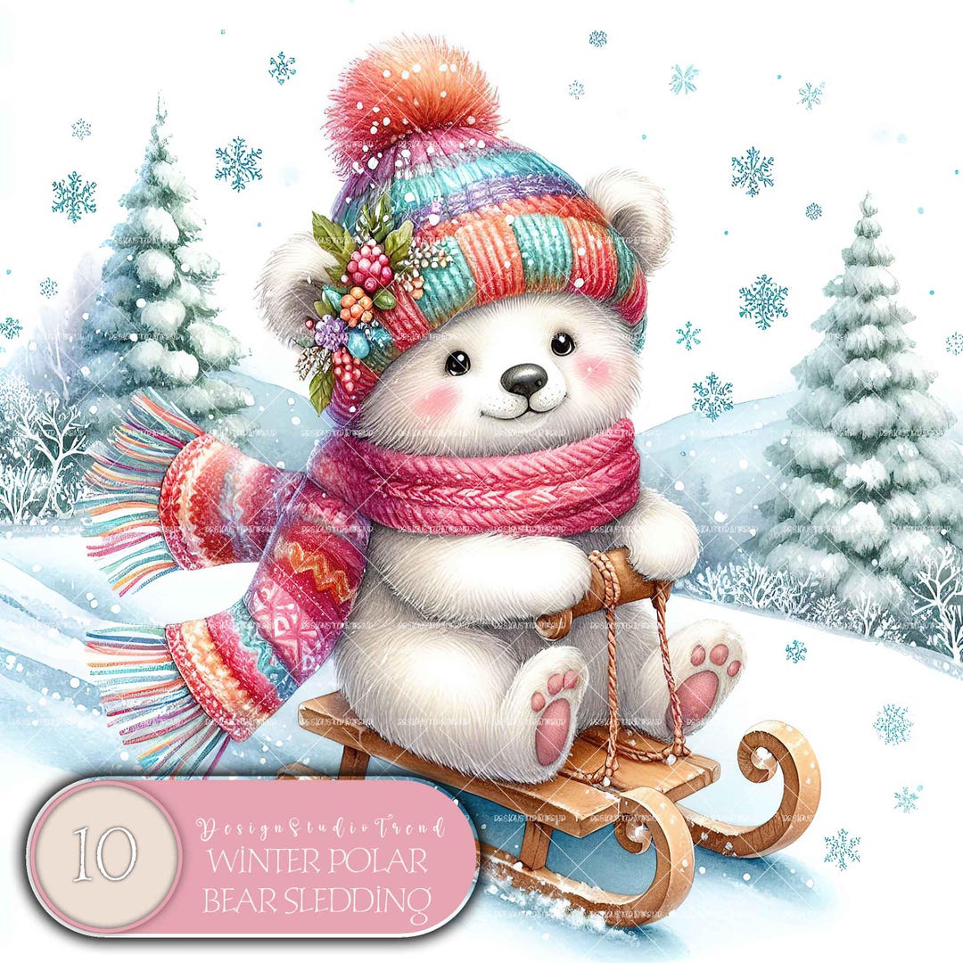 Polar Bear Sledding Clipart: Winter Nursery Decor (10 Designs ...