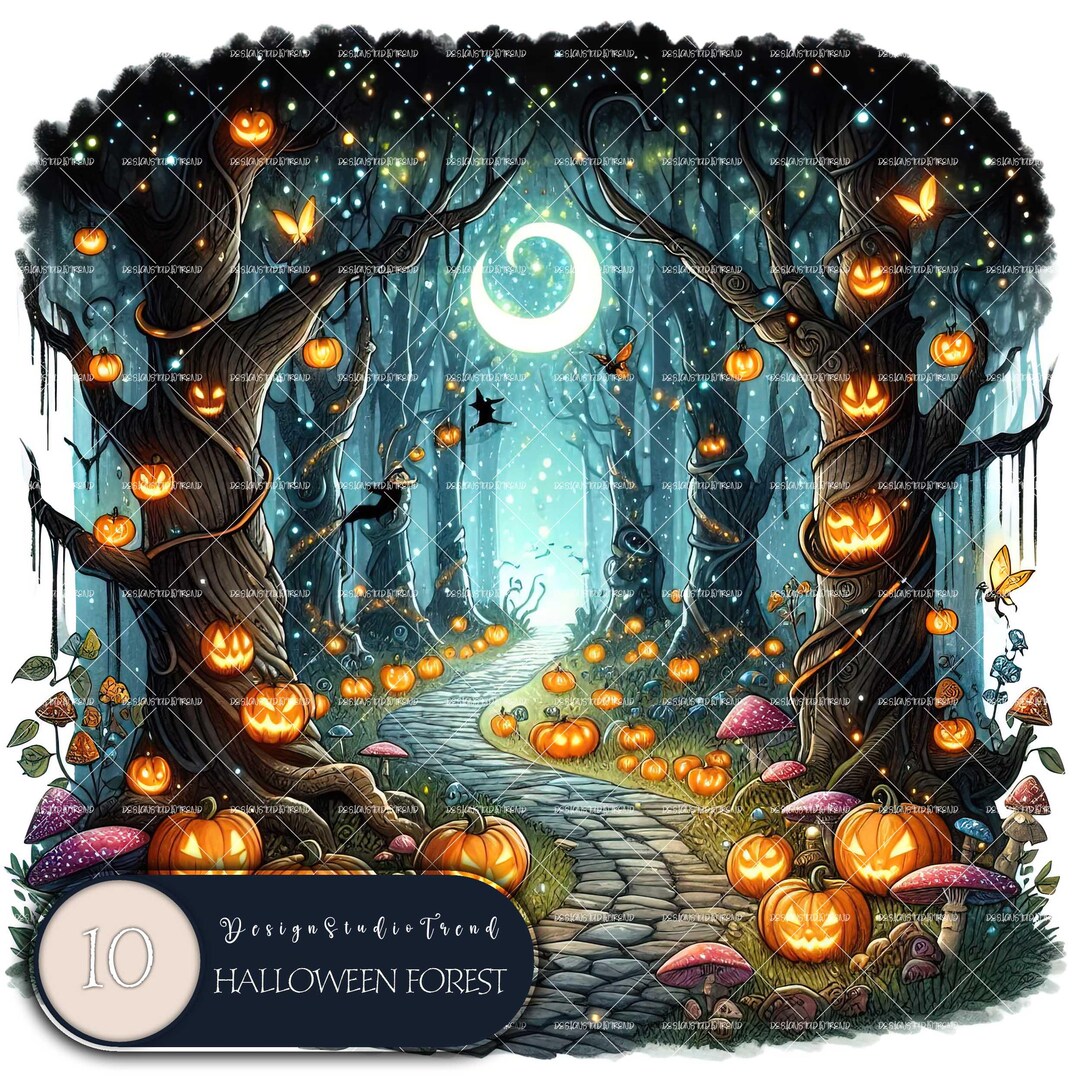 Spooky Halloween Forest Clipart: Pumpkin Nursery Decor (commercial ...