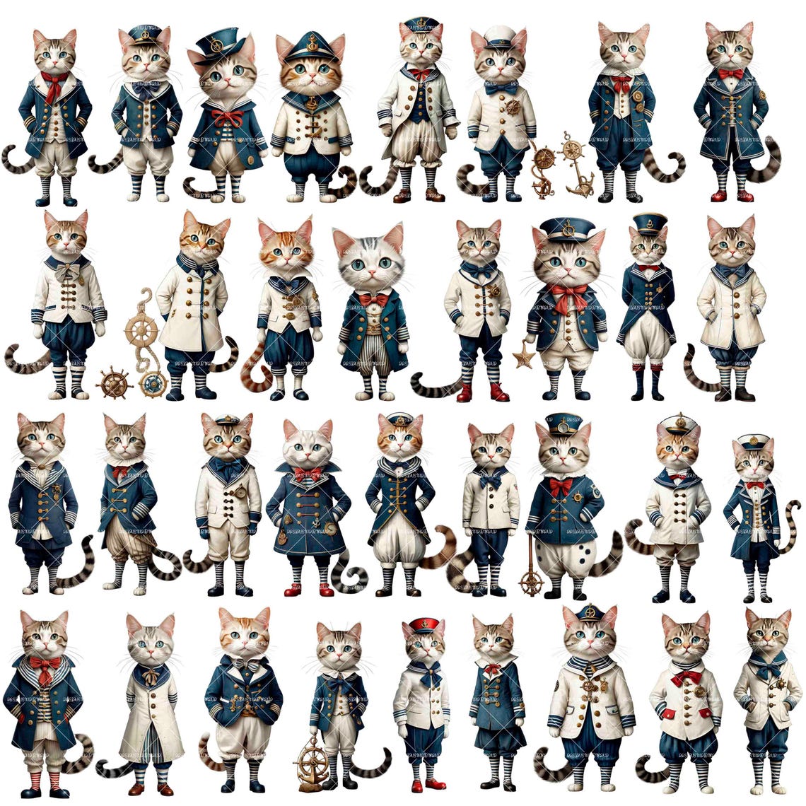 Nautical Cat Clipart: 34 Transparent Paper Doll Pngs (commercial Use ...