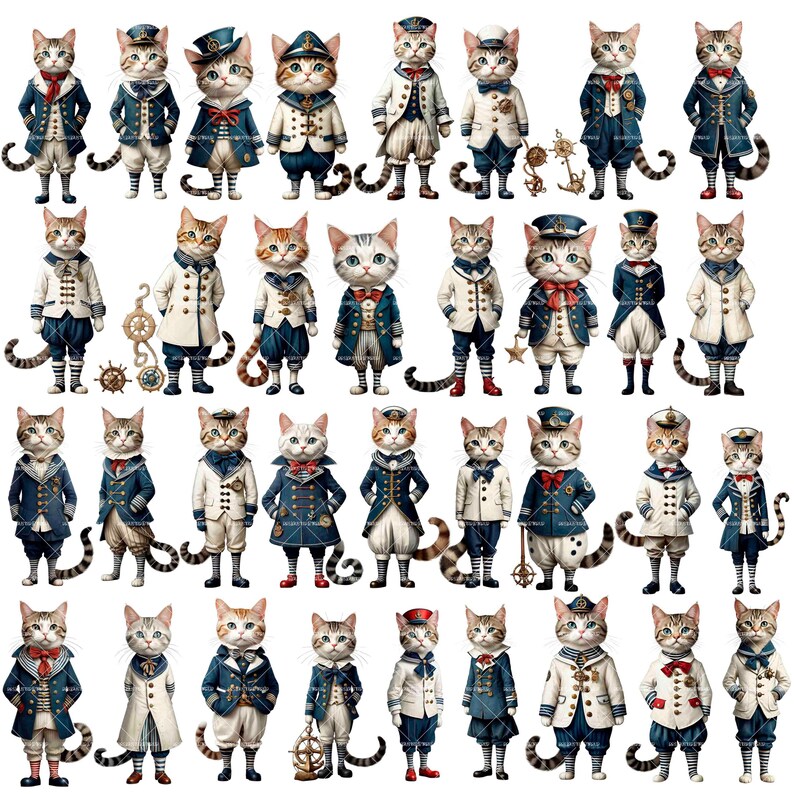 Nautical Cat Clipart: 34 Transparent Paper Doll Pngs (commercial Use ...