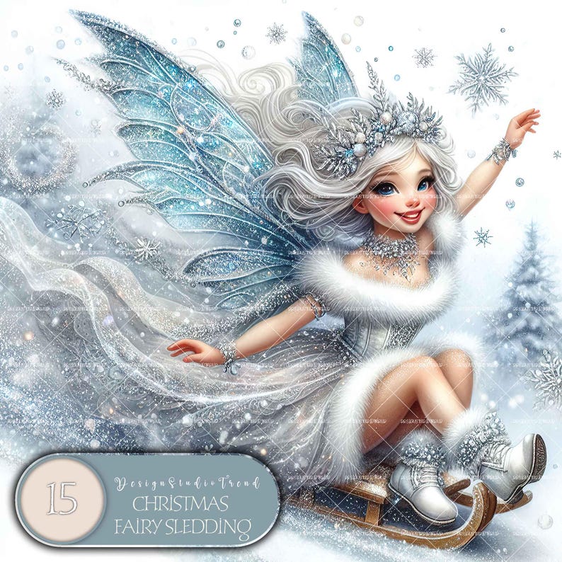 Whimsical Winter Wonderland Enchanted Christmas Fairy Sledding Clipart ...