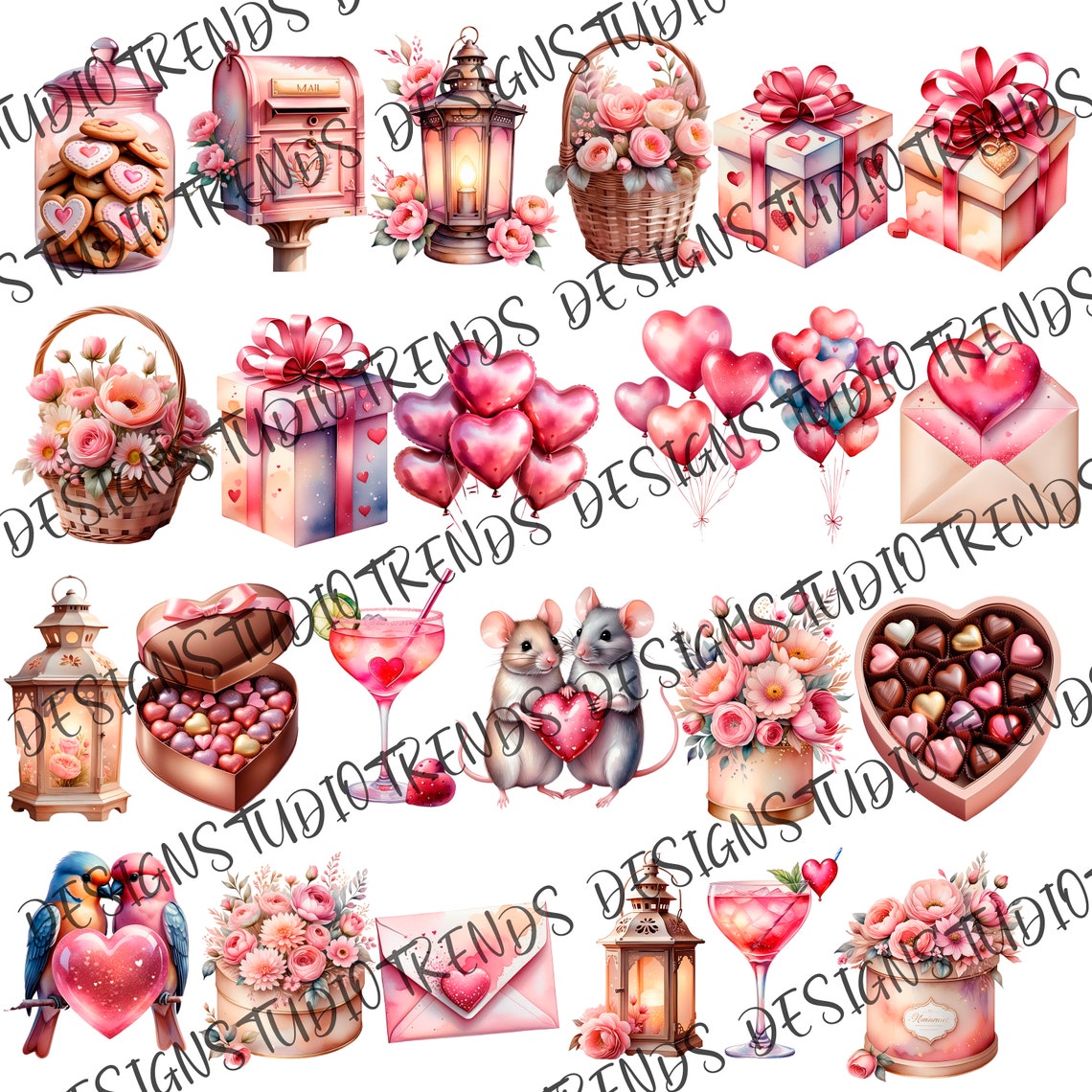 Pink Valentine Clipart Bundle: Floral Watercolor PNG (commercial Use ...