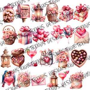 Pink Valentine Clipart Bundle: Floral Watercolor PNG (commercial Use ...