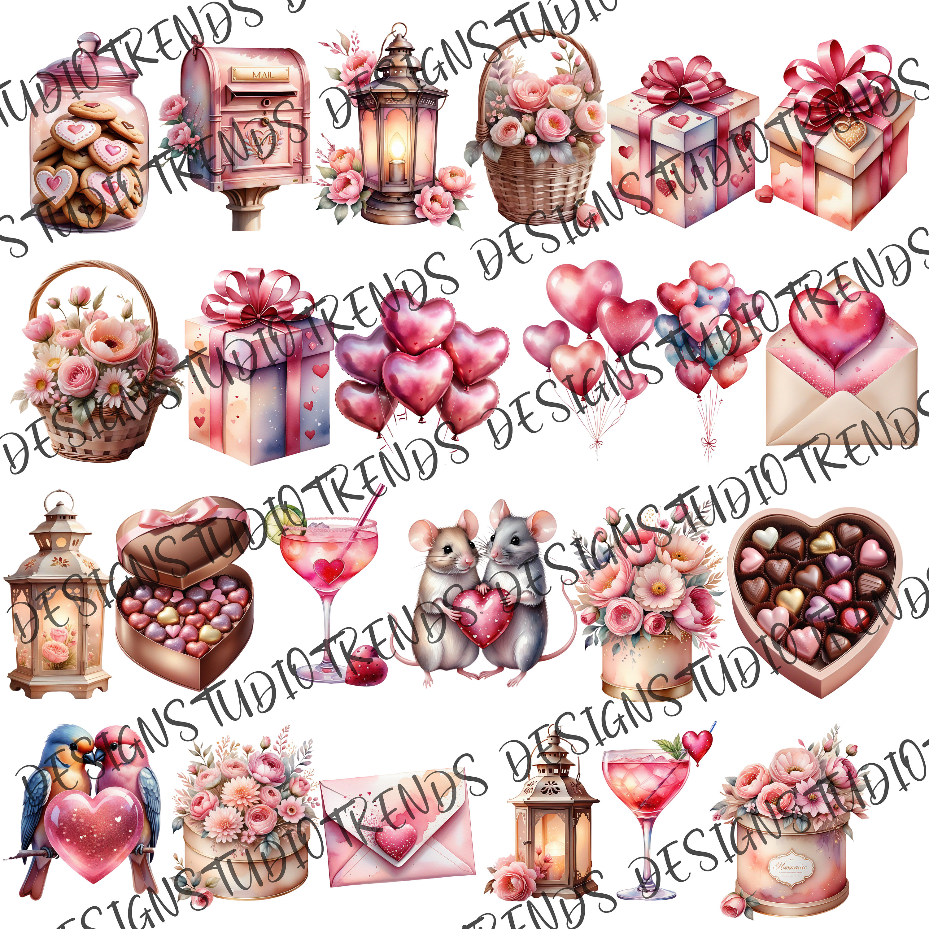 Pink Valentine Clipart Bundle: Floral Watercolor PNG (commercial Use ...