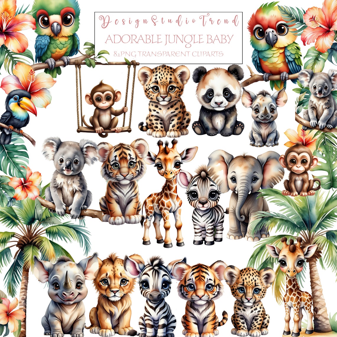 Adorable Jungle Baby Animals Clipart Set 82 Pcs Watercolor Safari ...
