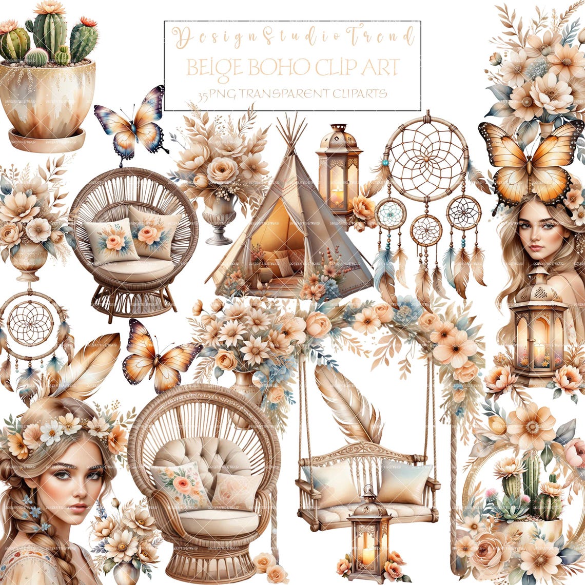 Watercolor Beige Floral Clipart: Boho Wedding PNG (35pcs) (digital Download) - Etsy