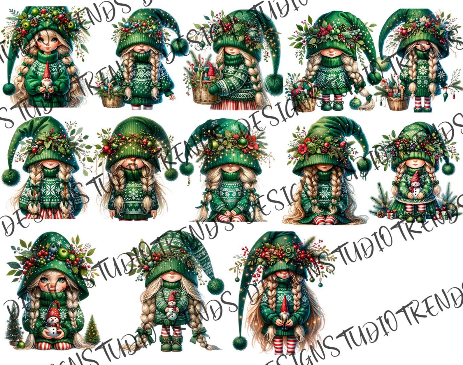 Green Christmas Gnome Clipart: 13 Whimsical Fantasy Designs (commercial ...