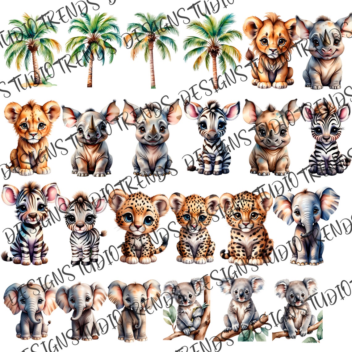 Adorable Jungle Baby Animals Clipart Set 82 Pcs Watercolor Safari ...