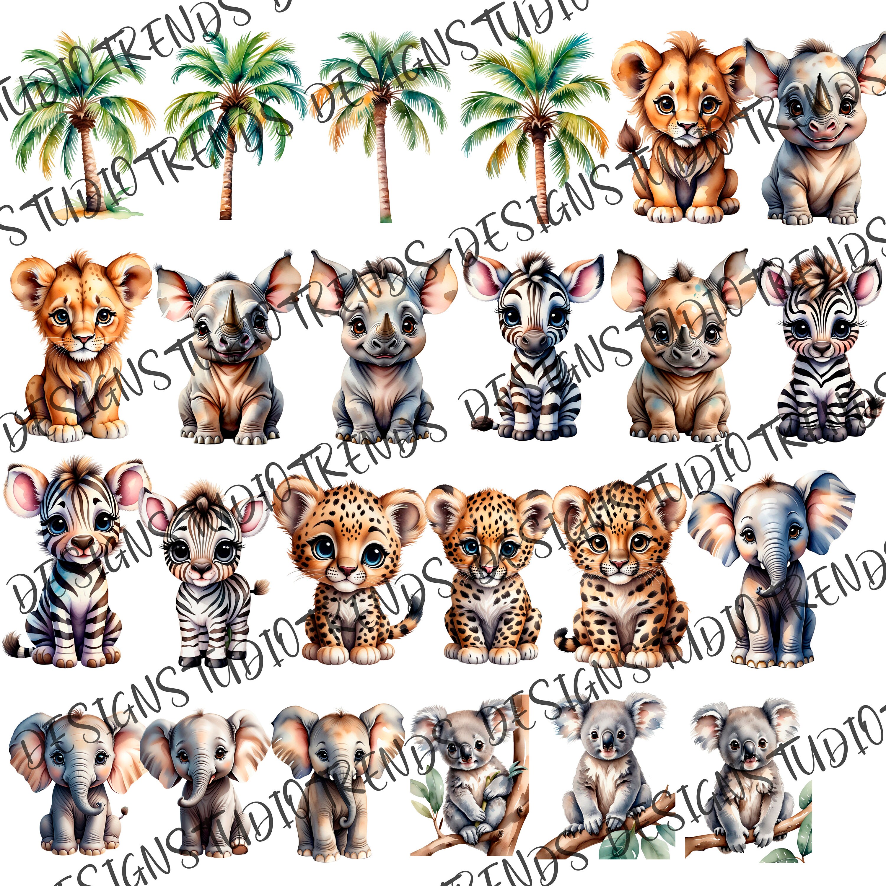 Adorable Jungle Baby Animals Clipart Set 82 Pcs Watercolor Safari ...