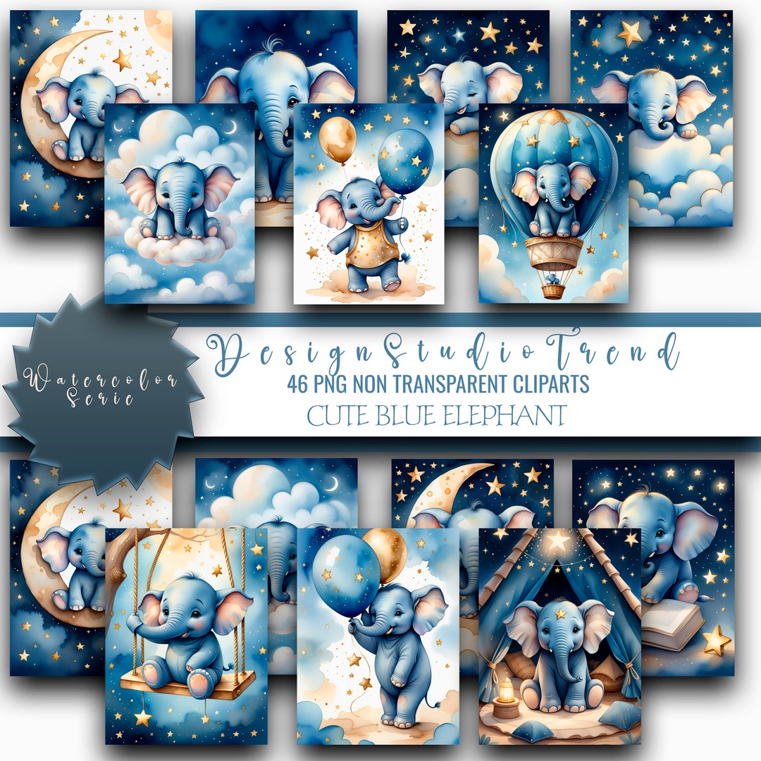 Adorable Blue Elephant Clipart Bundle - 46pcs for Baby Shower & Nursery ...