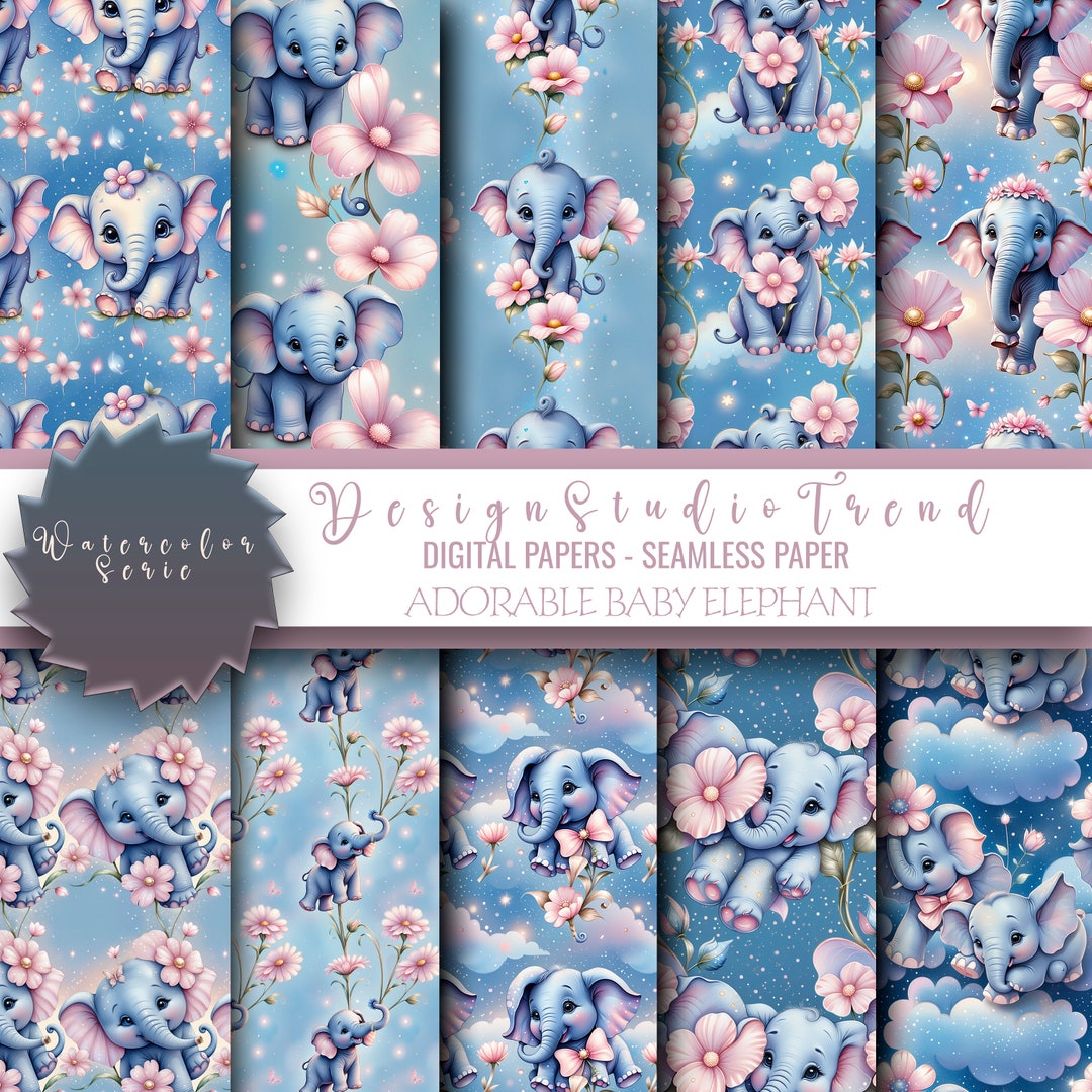 Blue Baby Elephant Clipart Set: Whimsical Seamless Patterns (instant ...
