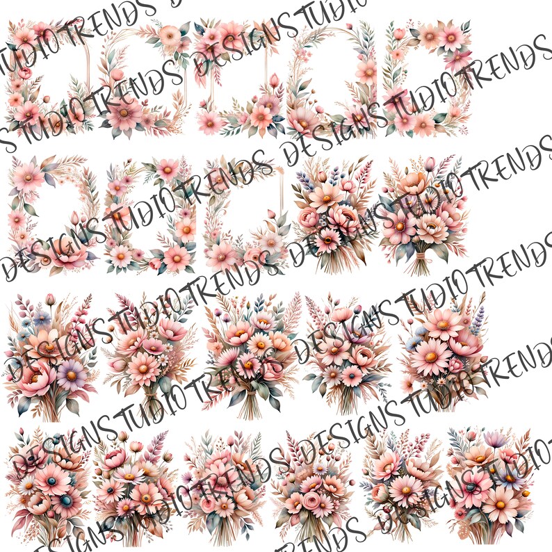 Bohemian Floral Clipart Bundle Watercolor Flower Blooms, Pampas, and ...