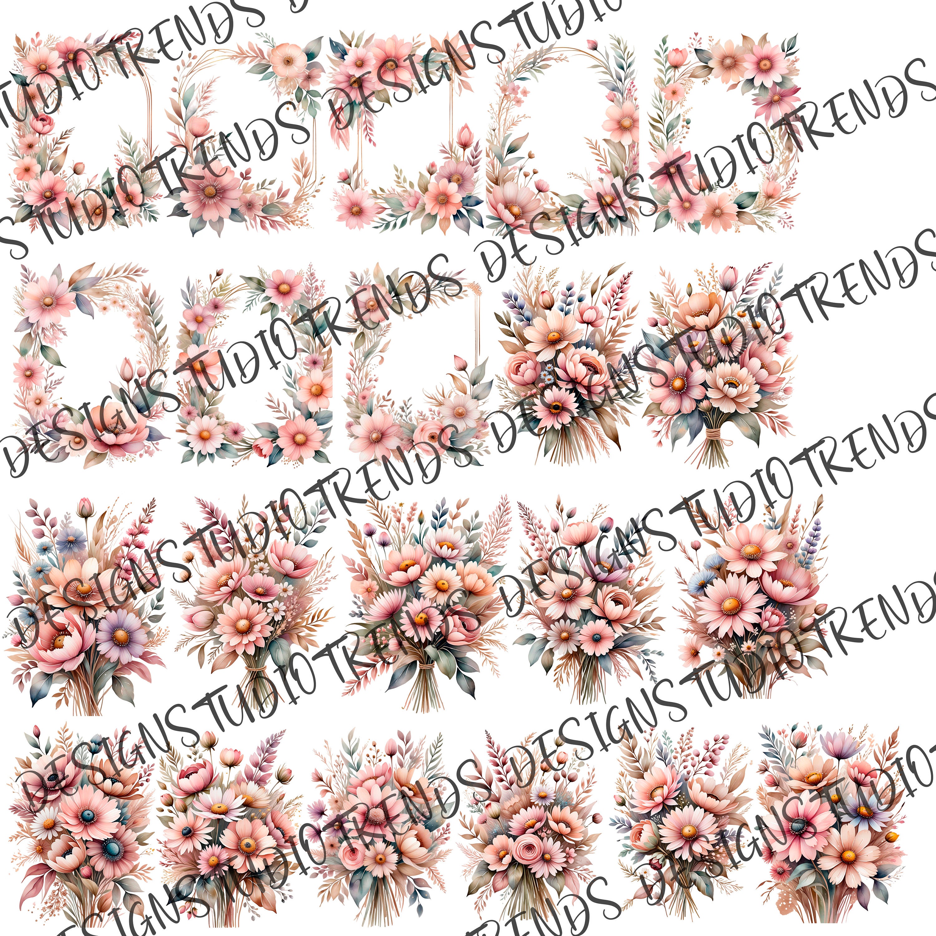 Bohemian Floral Clipart Bundle: Watercolor Flower Blooms (commercial ...