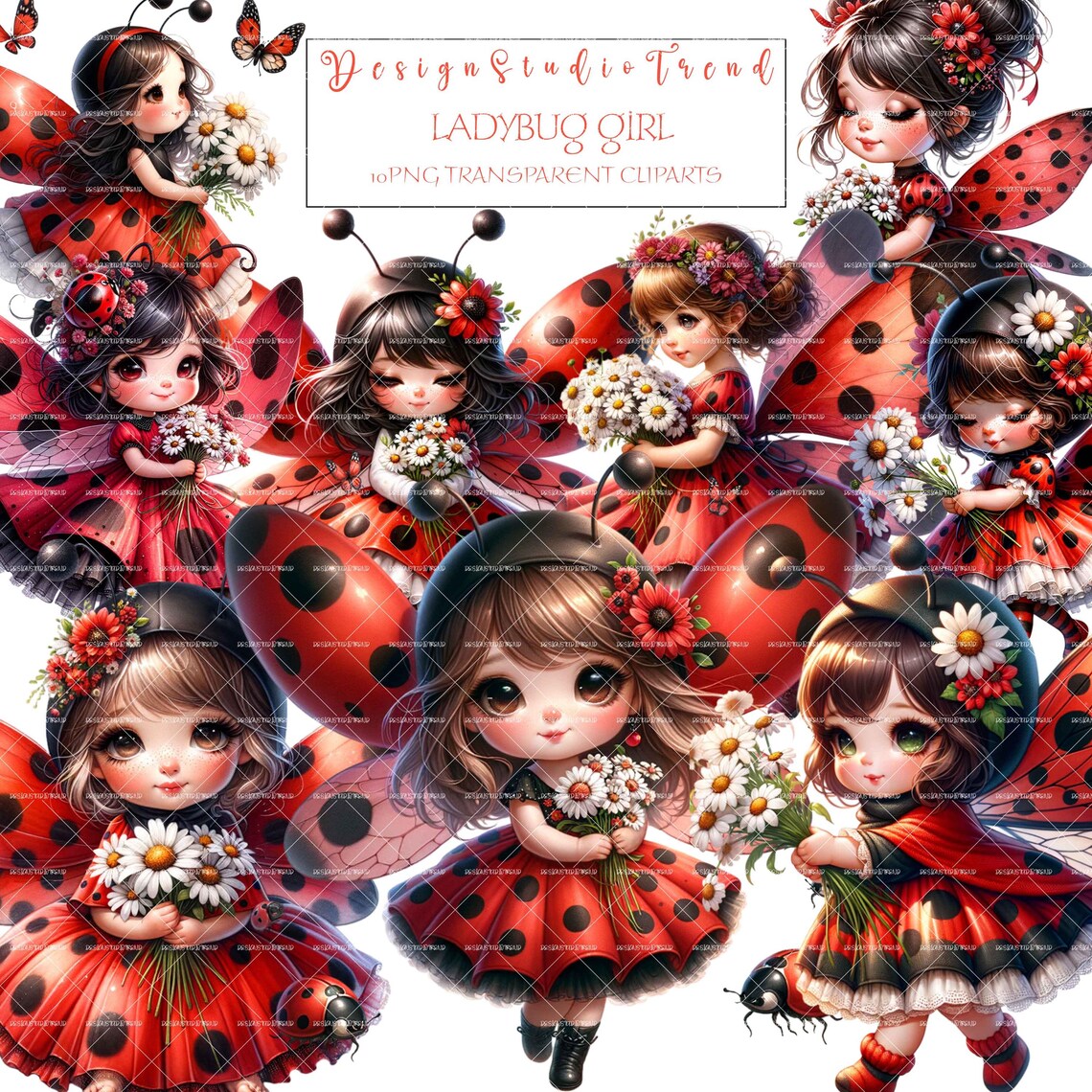 Ladybug Girl Clipart Set: Nursery Decor, Sublimation Designs (digital ...