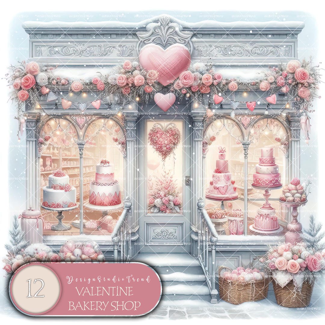 Vintage Valentine Bakery Shop Clipart Set: Holiday Storefront Designs ...
