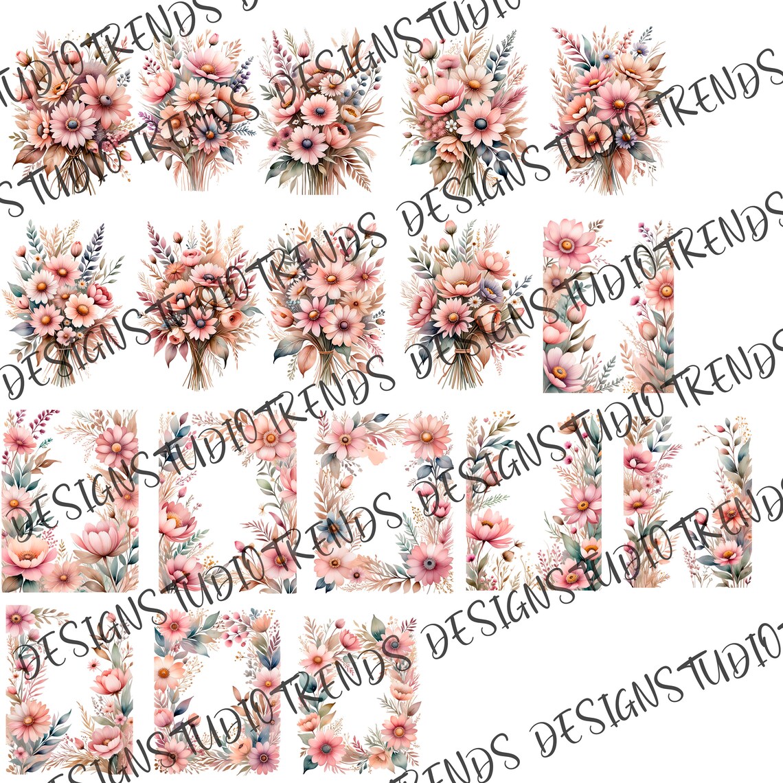 Bohemian Floral Clipart Bundle Watercolor Flower Blooms, Pampas, and ...