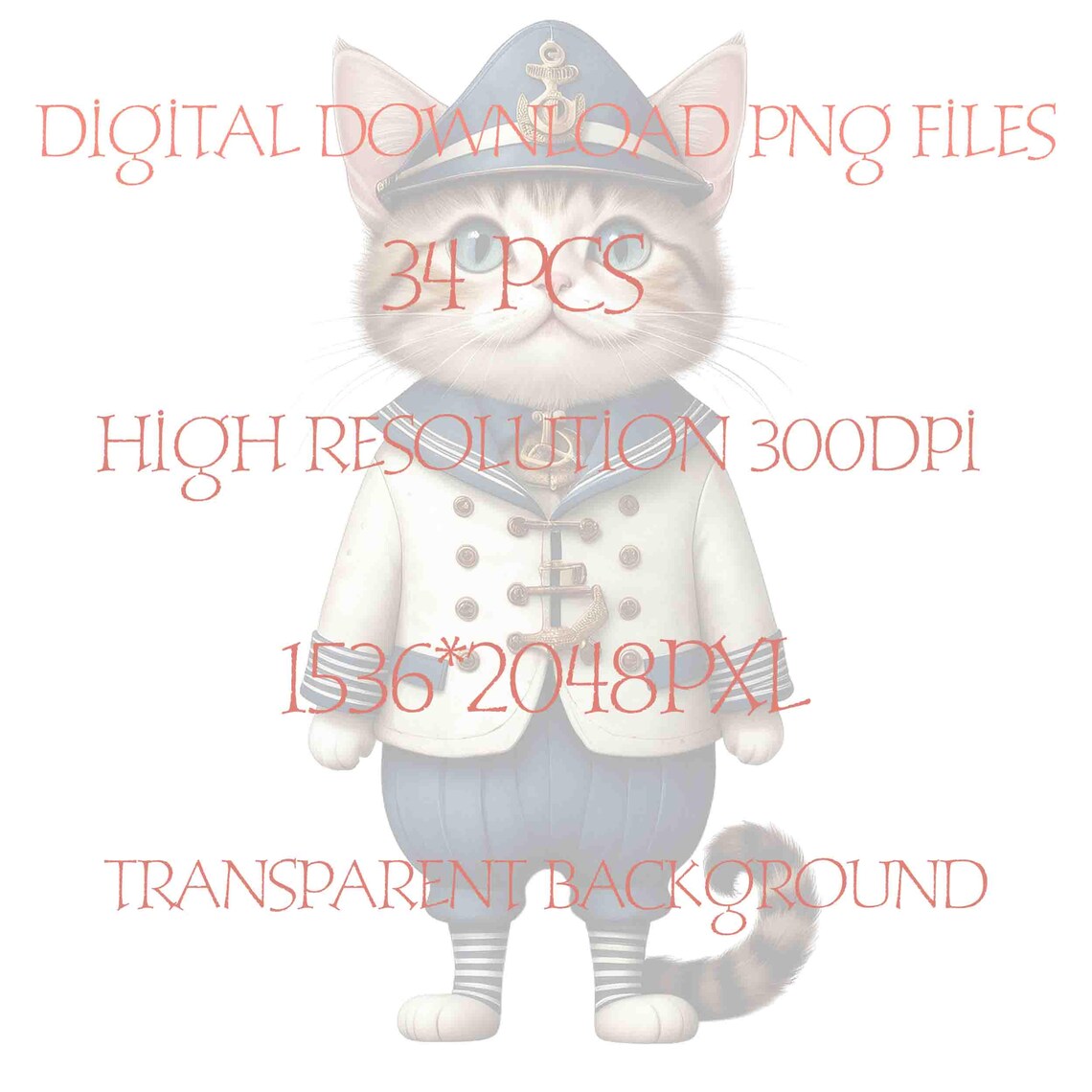 Nautical Cat Clipart: 34 Transparent Paper Doll Pngs (commercial Use ...